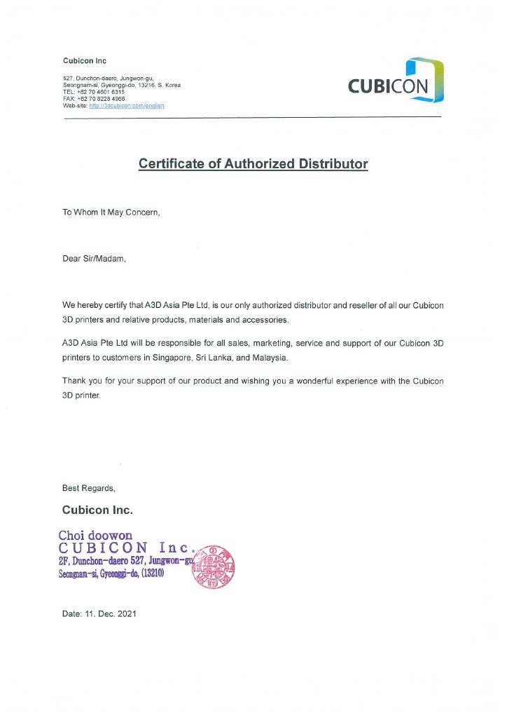 Authorized Distrubutor Certificates | 3D Printing Services | Additive3D